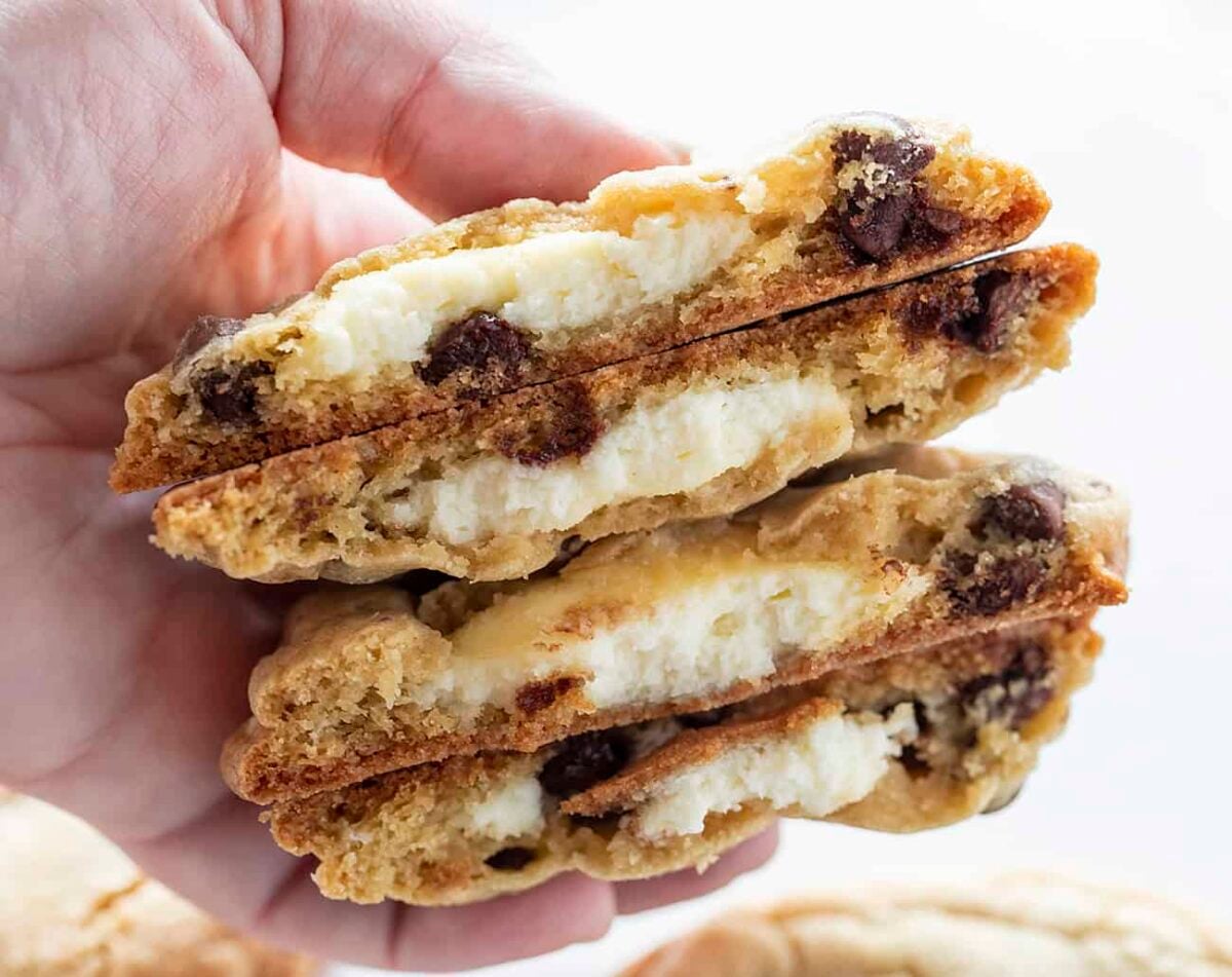 Cheesecake Stuffed Chocolate Chip Cookies - i am baker