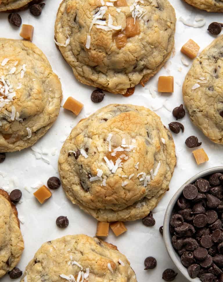 Thick and Chewy Caramel Coconut Cookies - i am baker